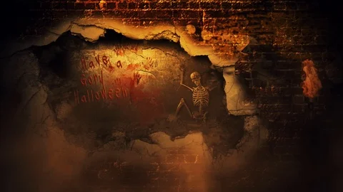 Gory Halloween Brick Wall Skeleton 4K Lo... | Stock Video | Pond5