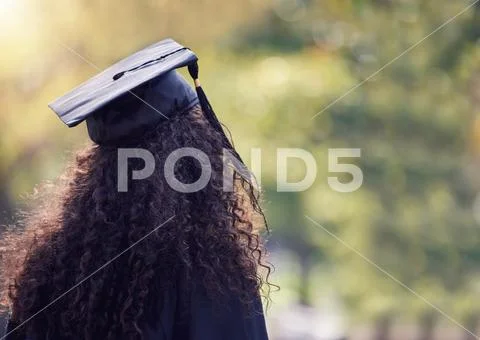 Graduation cap, student back and woman for university, education or ...