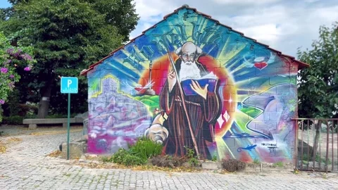 Graffiti of a monk painted in a old aban... | Stock Video | Pond5