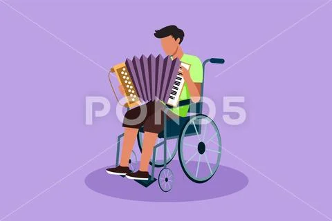 Graphic flat design drawing disability and music. Man in wheelchair ...