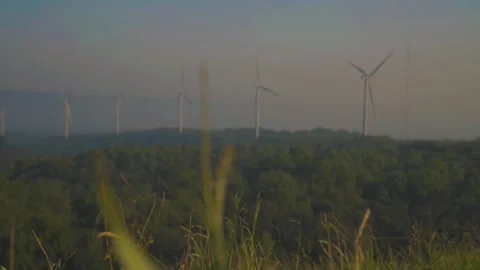 Grass on windy and blurred wind turbine ... | Stock Video | Pond5
