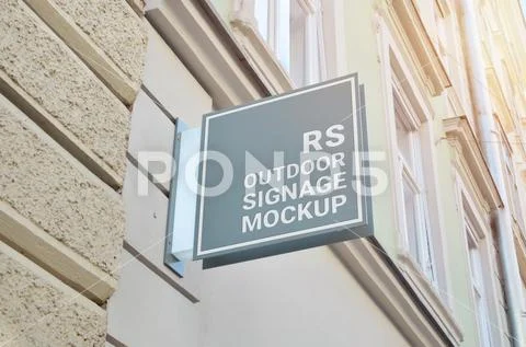 Gray square sign, logo mockup on building wall ~ PSD Template #127301700