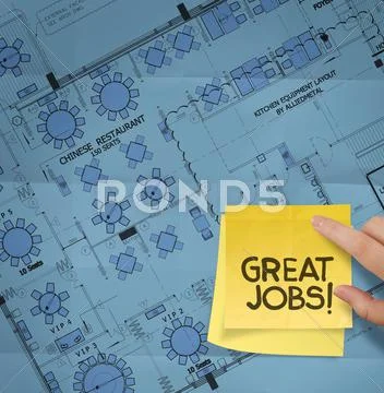 Great job word with sticky note on construction site with layout plan ...