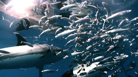 Great white sharks invade Swarm of sardi... | Stock Video | Pond5