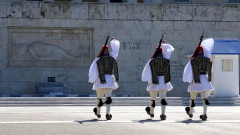 Greek soldiers Evzones marching Changing... | Stock Video | Pond5
