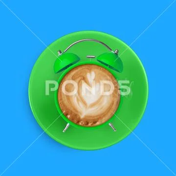 Green alarm clock with coffee instead of dial on light blue background ...