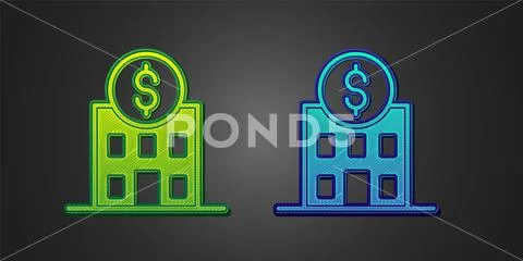 Green and blue Bank building icon isolated on black background. Vector ...