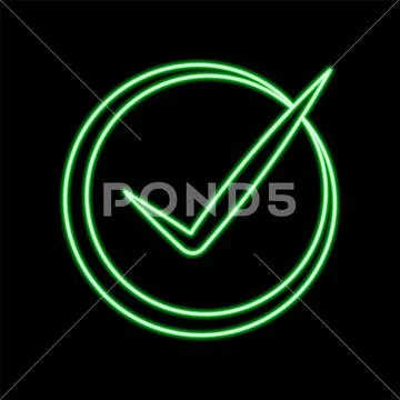 Green check mark Neon Sign Vector. Check list button neon signboard ...