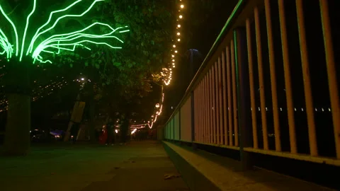 Green Neon Light Tree Railing London Riv... | Stock Video | Pond5
