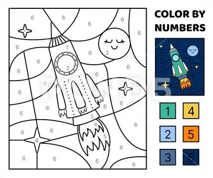 Green rocket. Color by number. Coloring page. Game for kids. Kawaii ...