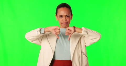Green screen, frown and woman face with ... | Stock Video | Pond5