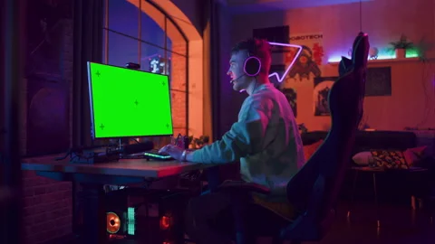 Green Screen Gamer Playing at Home | Stock Video | Pond5