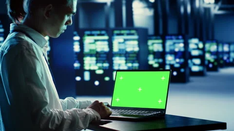 Green screen laptop used on servers | Stock Video | Pond5
