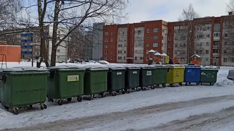 Green trush bins outside soviet style ap... | Stock Video | Pond5