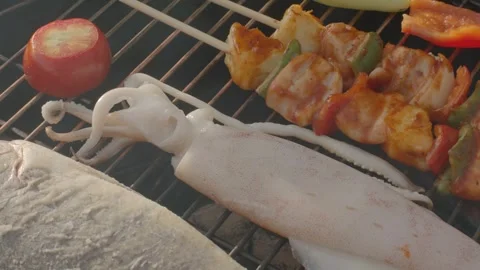 Grilled squid and chicken skewers on the... | Stock Video | Pond5