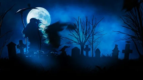 Grim Reaper with Full Moon Tombstones an... | Stock Video | Pond5