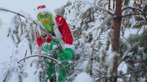The Grinch hides behind the branches, th... | Stock Video | Pond5