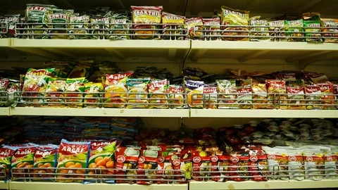 Grocery Display Racks on the shelf in th... | Stock Video | Pond5