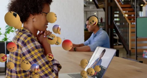 Group of emoji icons flowing over woman ... | Stock Video | Pond5