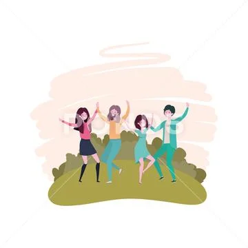 Group of people dancing in landscape with trees and plants Illustration ...