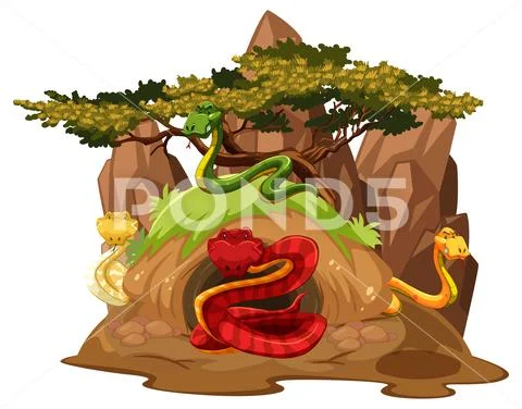 Group of snakes with burrow in cartoon style ~ Clip Art #197448855