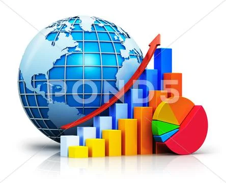 Growing bar graphs, pie chart and Earth globe: Graphic #54353025