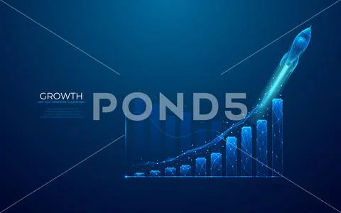 Growth graph chart with launch rocket on technology blue background ...