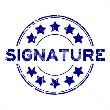 Grunge blue signature word with star icon round rubber seal stamp on ...