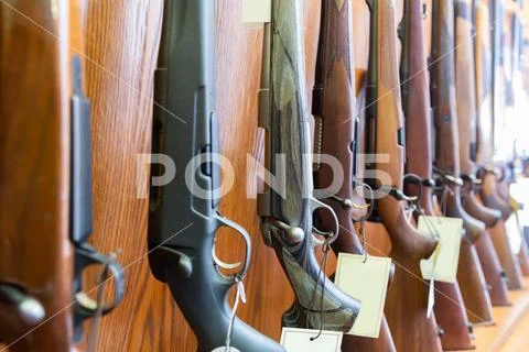 Gun store interior with rifles on showcase ~ Hi Res #152352728