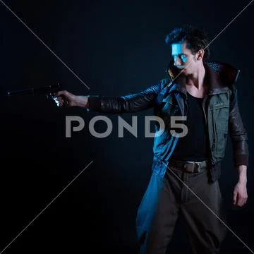 A guy in a cyberpunk image, aiming a gun at someone. a futuristic ...