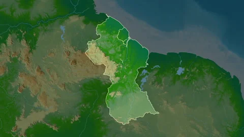 Guyana map - zoom. Regions. Physical. | Stock Video | Pond5