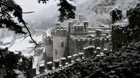 Gwrych castle in snow, British European ... | Stock Video | Pond5
