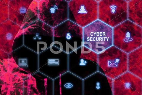 Hacker in flames behind a cybersecurity grid ~ Hi Res #69217333