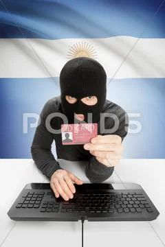 Hacker with ID card in hand and flag on background - Argentina ~ Hi Res ...