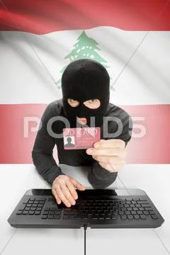 Hacker with ID card in hand and flag on background - Lebanon Stock ...