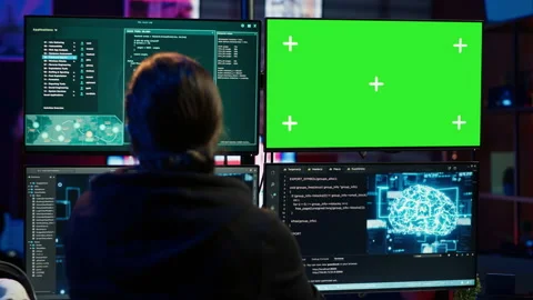 Hacker uses green screen PC and AI deep ... | Stock Video | Pond5