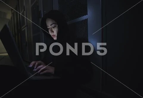 Hacking, server room and woman computer coding, data center crime and ransomware Stock Photo ...