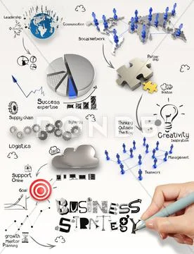 Hand drawing business strategy diagram and icons 3d on paper background ...