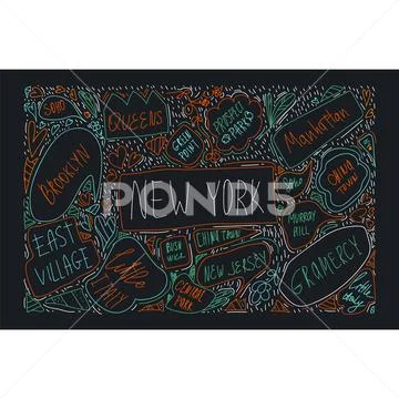 Hand-drawn illustration of new York city map. With handwritten names of ...