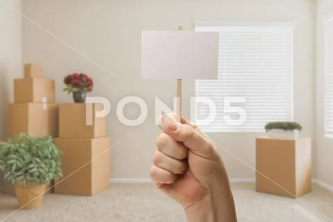 Hand Holding Blank Sign in Empty Room with Packed Moving Boxes ...