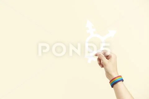 Hand holding a symbol of the transgender community with an LGBT rainbow ...