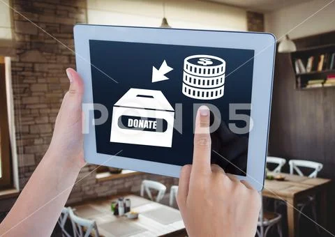 Hand holding tablet with donate box and money instruction icons ...