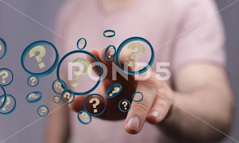 Hand pointing to the 3D rendered question marks ~ Hi Res #195411468
