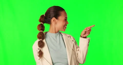 Hand pointing, green screen and happy wo... | Stock Video | Pond5