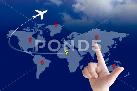 Hand pointing on the map and the plane flying around the world. Stock ...