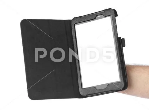 Hand with touchpad pc Hand with touchpad pc isolated on white ...