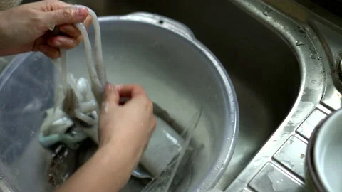 Hand washing raw squid with salt prepari... | Stock Video | Pond5