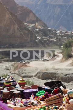 Handicraft street market in Iruya, Salta.Village in the background of ...