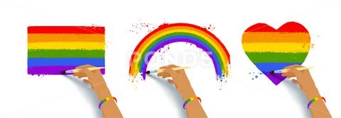 Hands drawing LGBTQ flags color banners Illustration #128515016