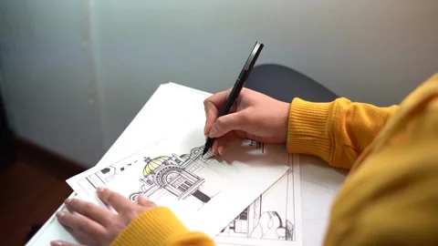 Hands of a girl drawing a building in a ... | Stock Video | Pond5